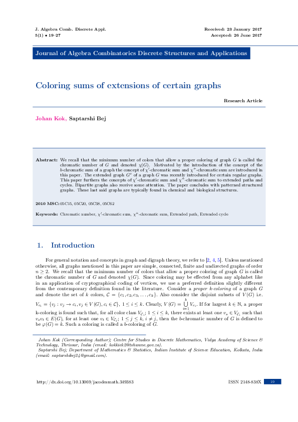 (PDF) Coloring sums of extensions of certain graphs | Journal of Algebra Combinatorics Discrete ...