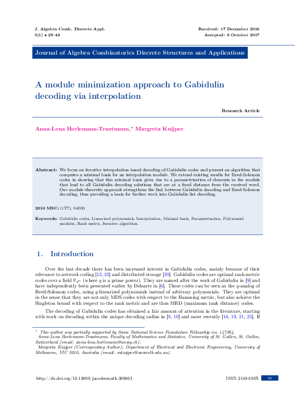 Pdf A Module Minimization Approach To Gabidulin Decoding Via Interpolation