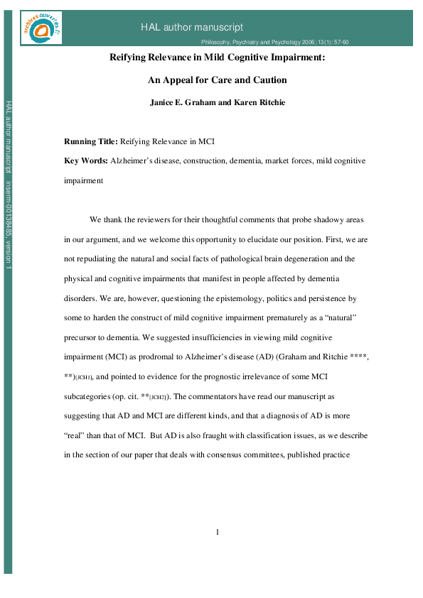 (PDF) Reifying Relevance in Mild Cognitive Impairment