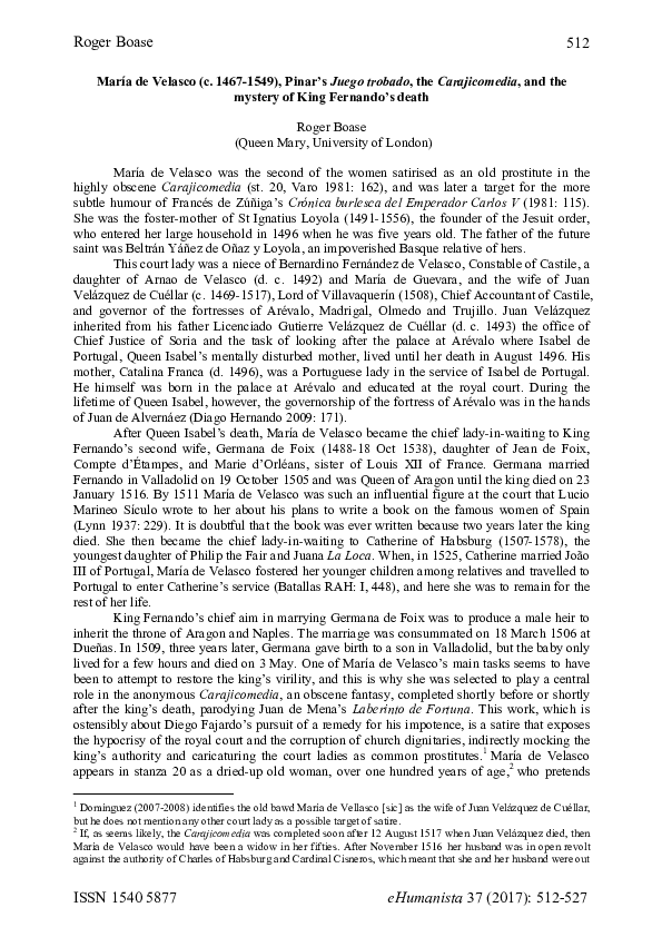 (PDF) The Presence of María de Velasco in Pinar’s Juego trobado, in the ...