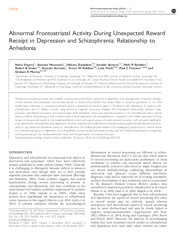 (PDF) Abnormal Frontostriatal Activity During Unexpected Reward Receipt ...