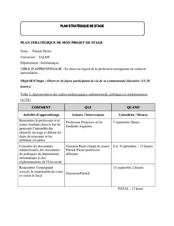 (PDF) PLAN STRATÉGIQUE DE MON PROJET DE STAGE