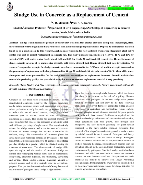 (PDF) Sludge Use in Concrete as a Replacement of Cement