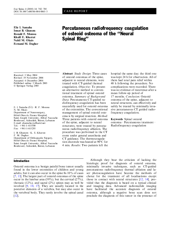 (PDF) Percutaneous radiofrequency coagulation of osteoid osteoma of the ...