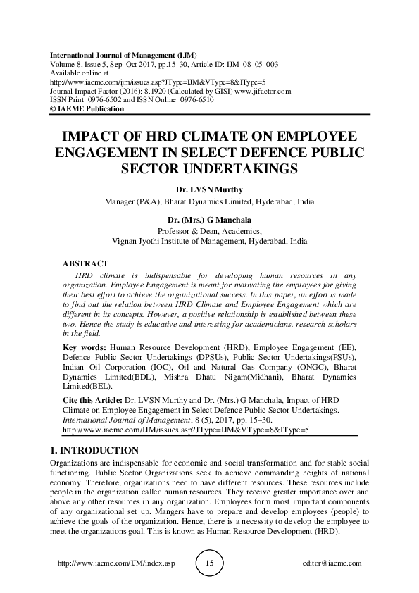 (PDF) IMPACT OF HRD CLIMATE ON EMPLOYEE ENGAGEMENT IN SELECT DEFENCE ...