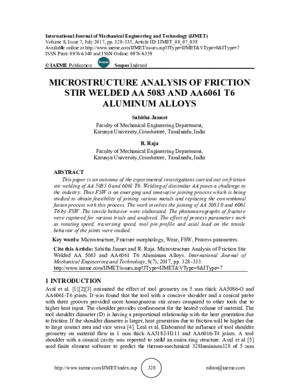 Pdf Microstructure Analysis Of Friction Stir Welded Aa 5083 And Aa6061 T6 Aluminum Alloys