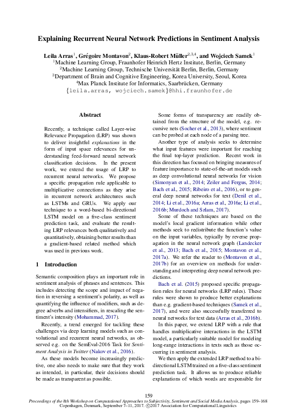 Pdf Explaining Recurrent Neural Network Predictions In Sentiment Analysis