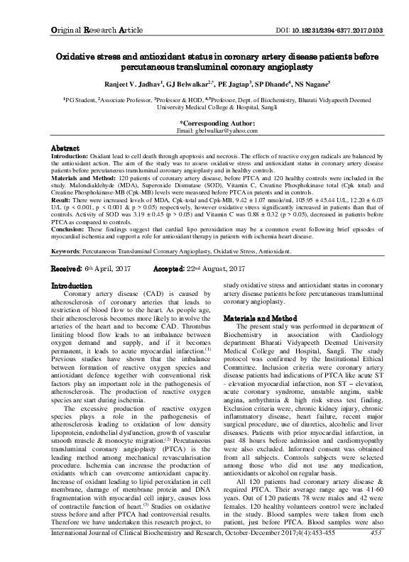(PDF) Oxidative stress and antioxidant status in coronary artery disease patients before ...