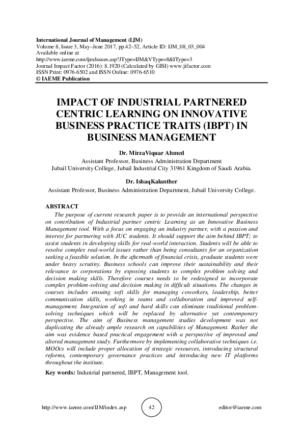 (PDF) IMPACT OF INDUSTRIAL PARTNERED CENTRIC LEARNING ON INNOVATIVE ...