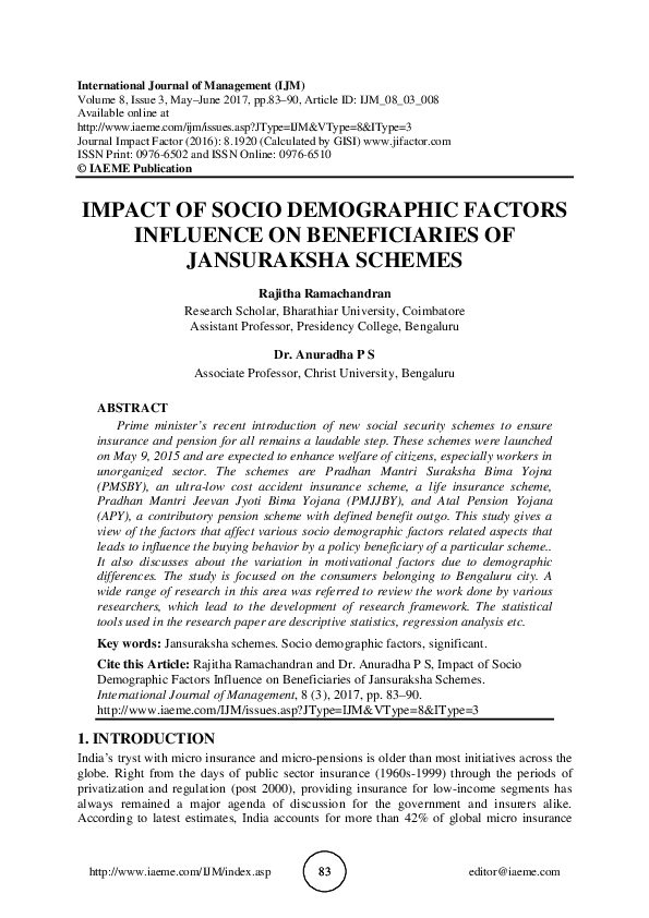 (PDF) IMPACT OF SOCIO DEMOGRAPHIC FACTORS INFLUENCE ON BENEFICIARIES OF JANSURAKSHA SCHEMES