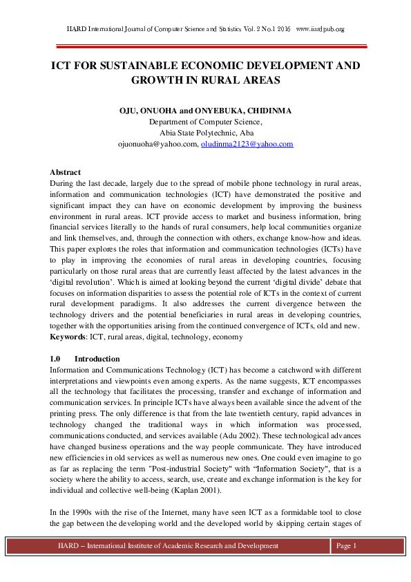 (PDF) ICT FOR SUSTAINABLE ECONOMIC DEVELOPMENT AND GROWTH IN RURAL AREAS