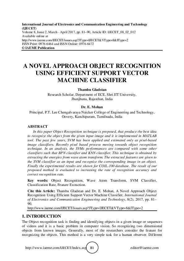 Pdf A Novel Approach Object Recognition Using Efficient Support Vector Machine Classifier