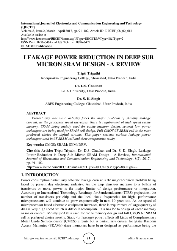 Pdf Leakage Power Reduction In Deep Sub Micron Sram Design A Review