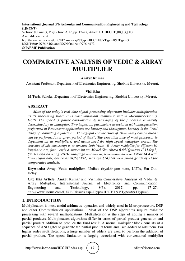 (PDF) COMPARATIVE ANALYSIS OF VEDIC & ARRAY MULTIPLIER