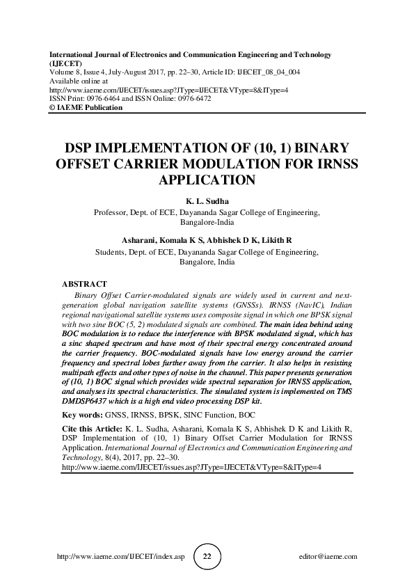 Pdf Dsp Implementation Of 10 1 Binary Offset Carrier Modulation For Irnss Application