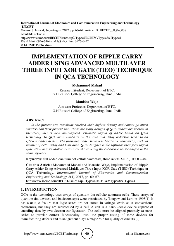 Pdf Implementation Of Ripple Carry Adder Using Advanced Multilayer