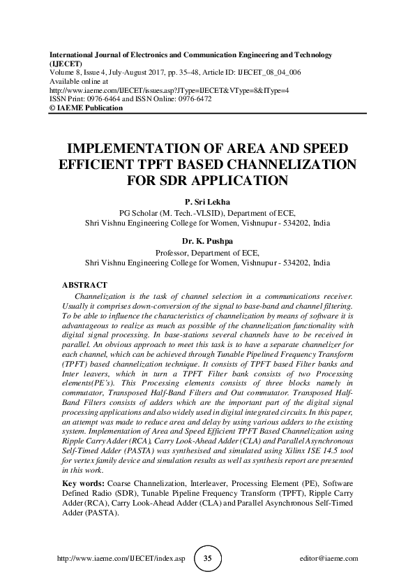 (PDF) IMPLEMENTATION OF AREA AND SPEED EFFICIENT TPFT BASED CHANNELIZATION FOR SDR APPLICATION ...