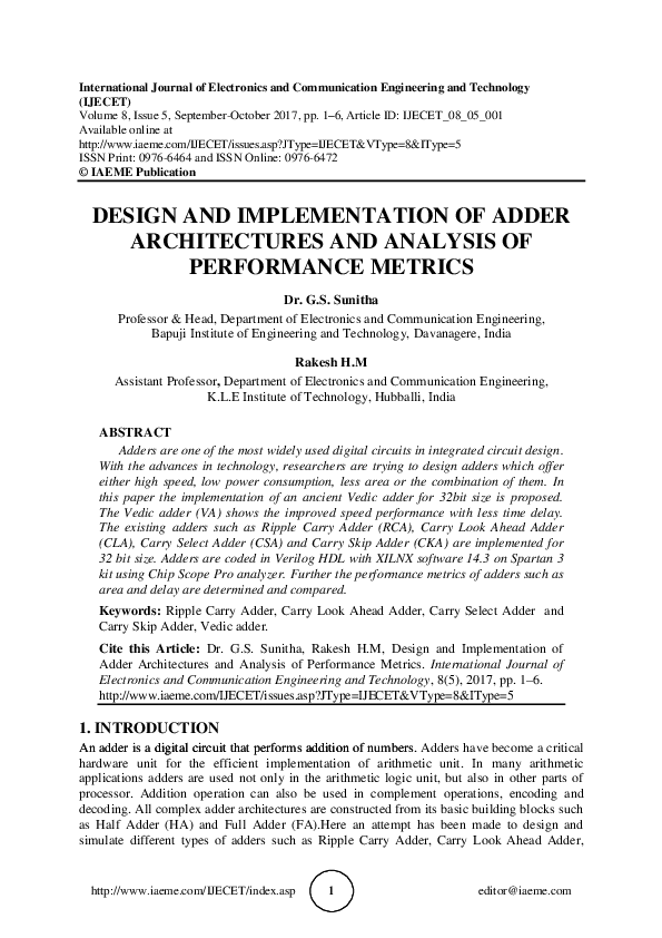 (PDF) DESIGN AND IMPLEMENTATION OF ADDER ARCHITECTURES AND ANALYSIS OF PERFORMANCE METRICS