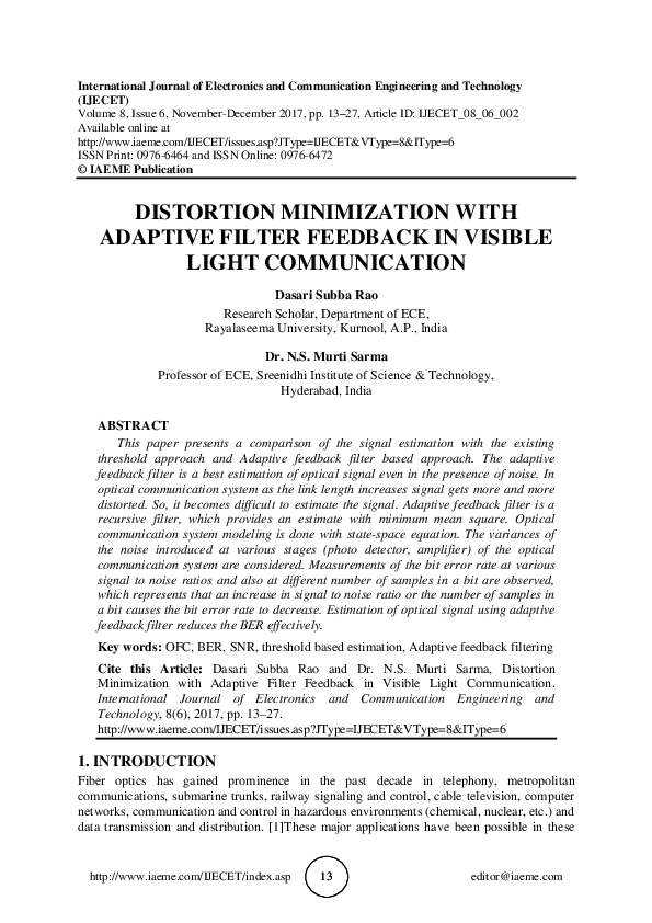 (PDF) DISTORTION MINIMIZATION WITH ADAPTIVE FILTER FEEDBACK IN VISIBLE LIGHT COMMUNICATION