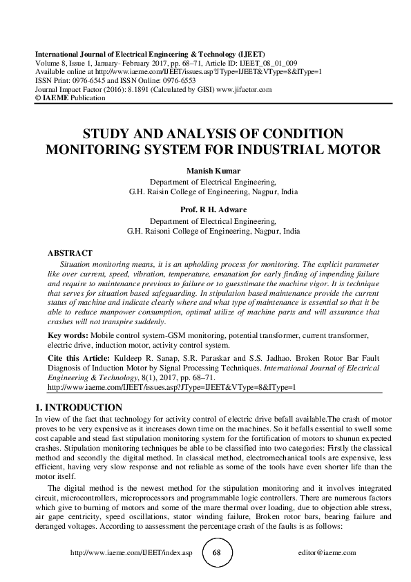 (PDF) STUDY AND ANALYSIS OF CONDITION MONITORING SYSTEM FOR INDUSTRIAL ...