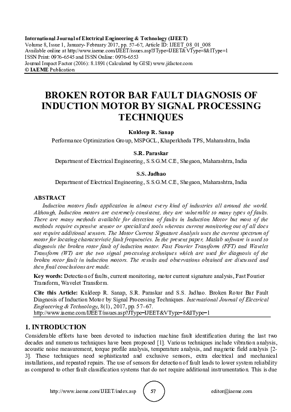 (PDF) BROKEN ROTOR BAR FAULT DIAGNOSIS OF INDUCTION MOTOR BY SIGNAL PROCESSING TECHNIQUES