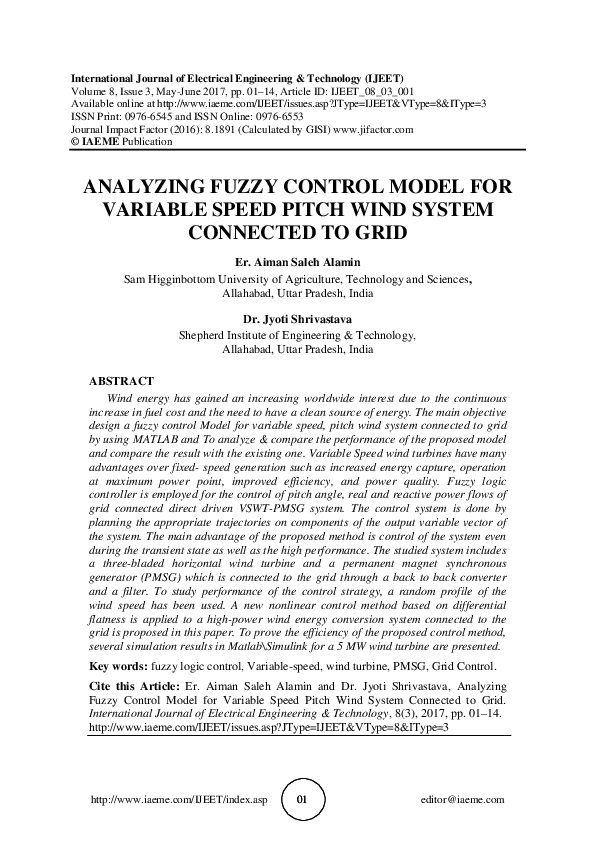 Pdf Analyzing Fuzzy Control Model For Variable Speed Pitch Wind System Connected To Grid