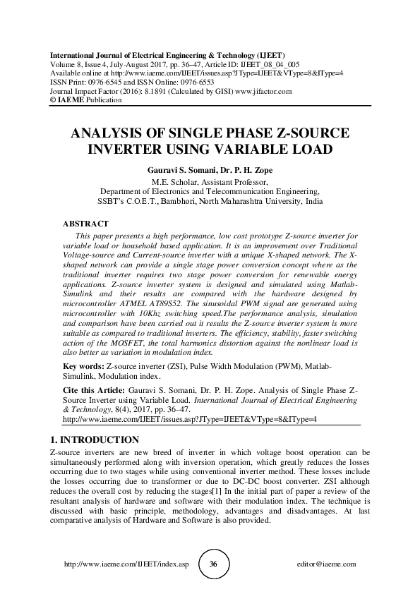 (PDF) ANALYSIS OF SINGLE PHASE Z-SOURCE INVERTER USING VARIABLE LOAD | IAEME Publication and ...