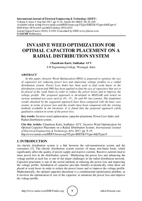 (PDF) INVASIVE WEED OPTIMIZATION FOR OPTIMAL CAPACITOR PLACEMENT ON A ...