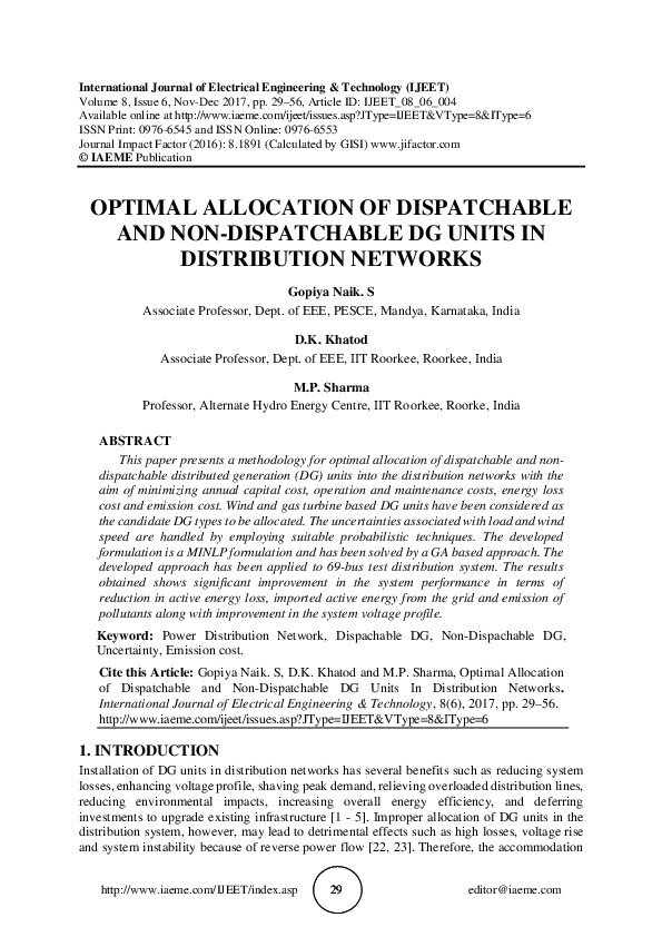 Pdf Optimal Allocation Of Dispatchable And Non Dispatchable Dg Units In Distribution Networks