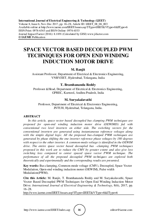 Pdf Space Vector Based Decoupled Pwm Techniques For Open End Winding