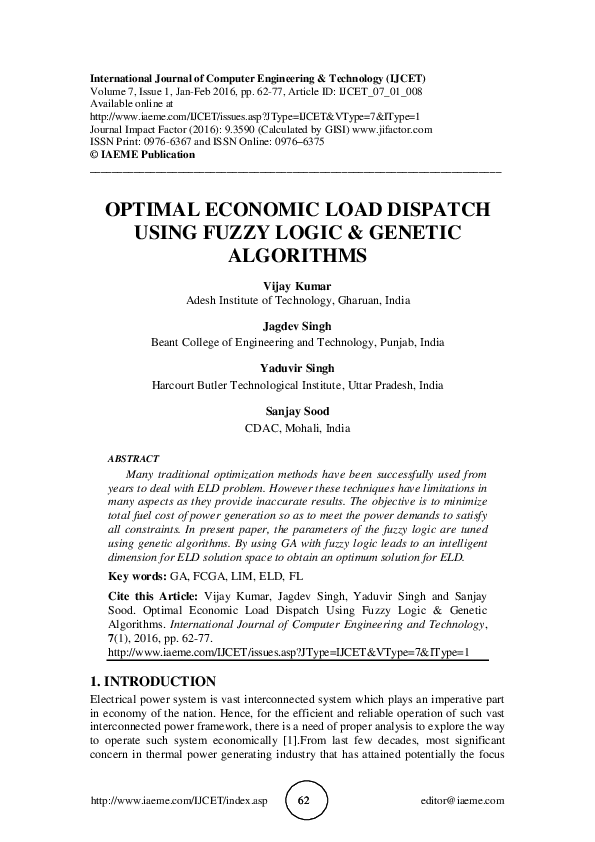 (PDF) OPTIMAL ECONOMIC LOAD DISPATCH USING FUZZY LOGIC & GENETIC ALGORITHMS