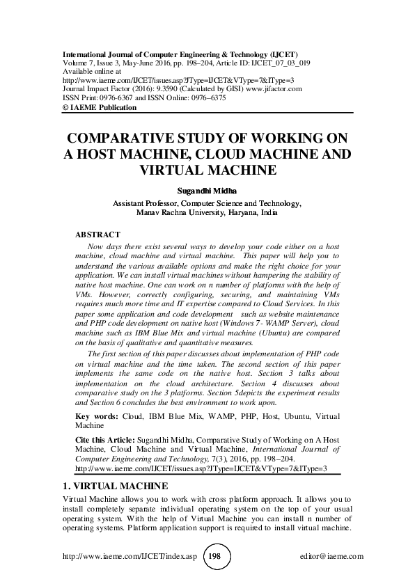 (PDF) COMPARATIVE STUDY OF WORKING ON A HOST MACHINE, CLOUD MACHINE AND VIRTUAL MACHINE