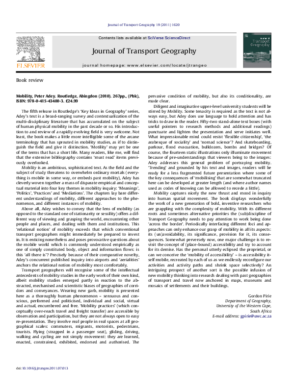 (PDF) REVIEW OF: Mobility, Peter Adey. Routledge, Abingdon (2010 ...