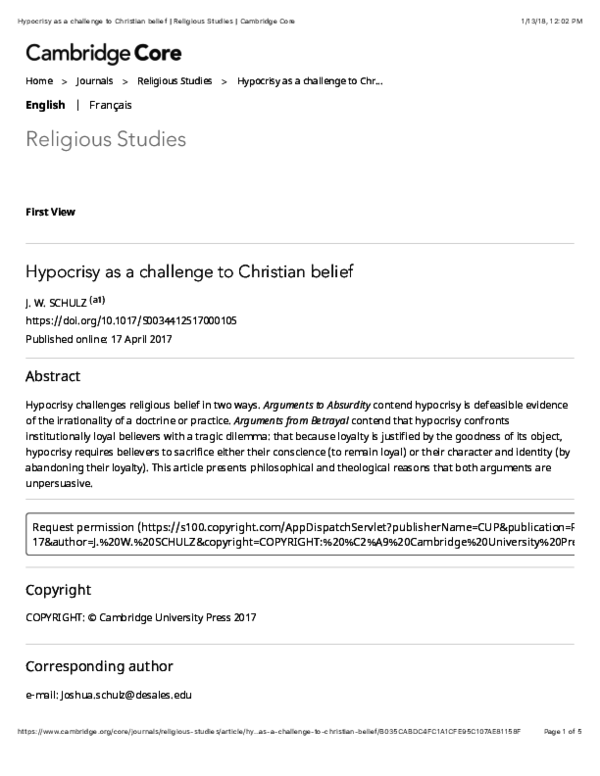 (PDF) Hypocrisy as a Challenge to Christian Belief