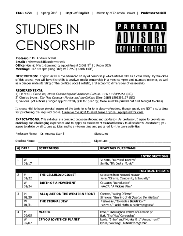 (PDF) Studies in Censorship (Course Syllabus)