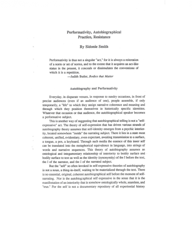 (PDF) Performativity, Autobiographical Practice, Resistance