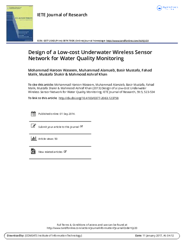 Pdf Iete Journal Of Research Design Of A Low Cost Underwater Wireless Sensor Network For Water