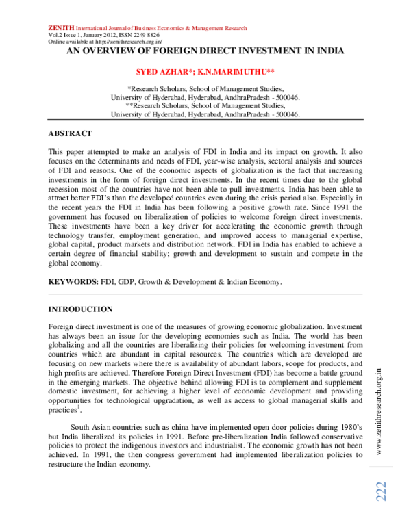 (PDF) AN OVERVIEW OF FOREIGN DIRECT INVESTMENT IN INDIA
