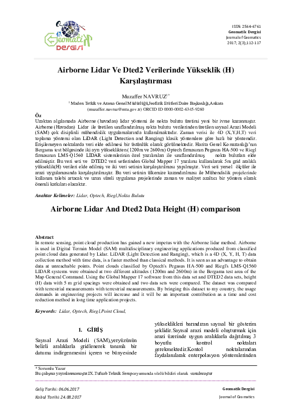 (PDF) Airborne Lidar Ve Dted2 Verilerinde Yükseklik (H) Karşılaştırması