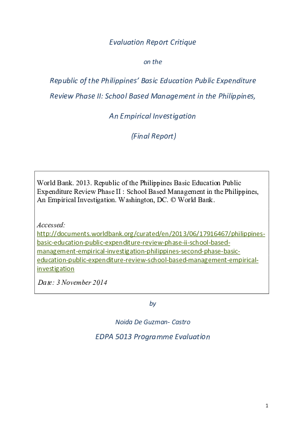 (PDF) An Evaluation Report Critique on SBM in the Philppines