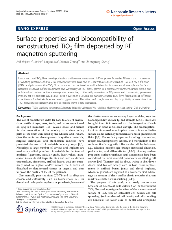 (PDF) Surface properties and biocompatibility of nanostructured TiO 2 film deposited by RF ...
