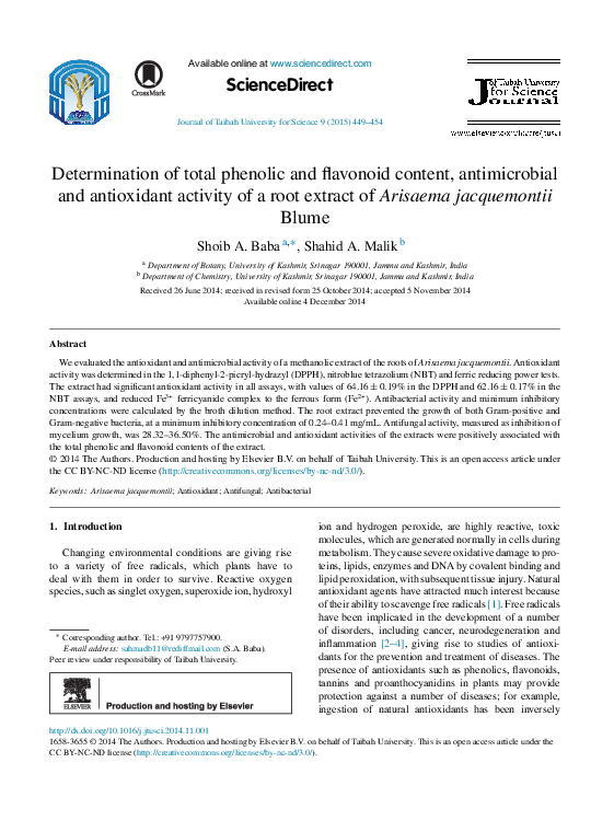 (PDF) ScienceDirect Determination of total phenolic and flavonoid content, antimicrobial and ...