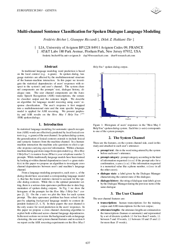 (PDF) Multi-channel sentence classification for spoken dialogue language modeling