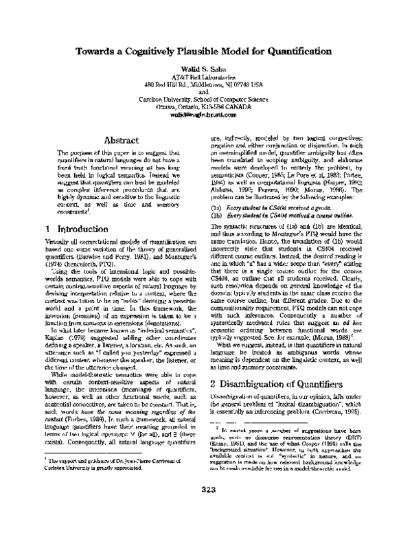 (PDF) Towards a Cognitively Plausible Model for Quantification | Walid Saba - Academia.edu