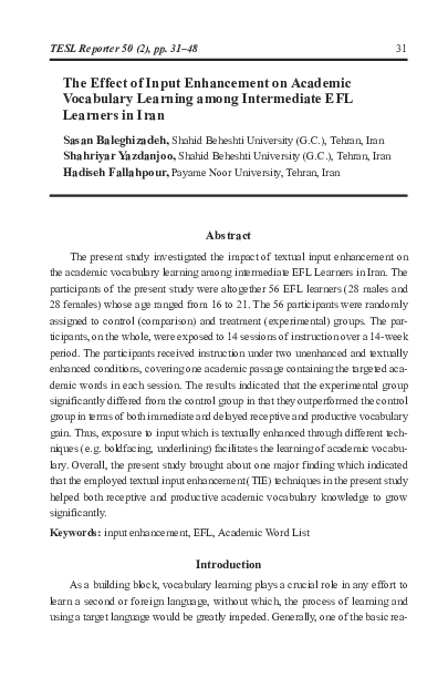 Pdf The Effect Of Input Enhancement On Academic Vocabulary Learning Among Intermediate Efl