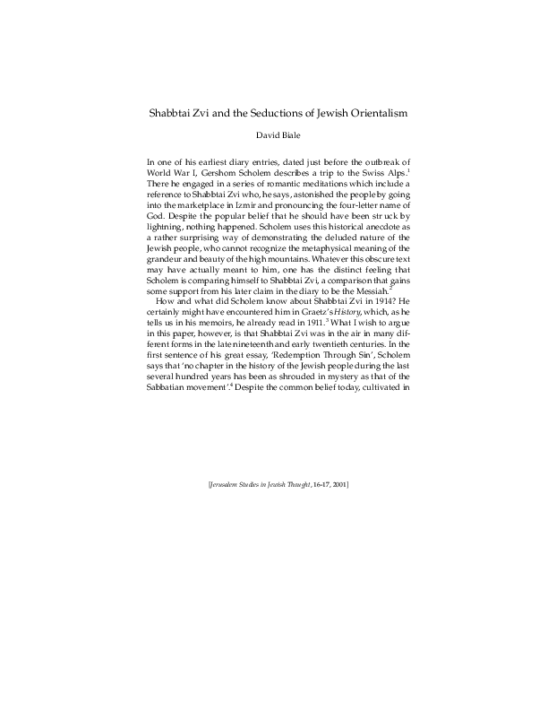 (PDF) David Biale, “Shabbtai Zvi and the Seductions of Jewish ...