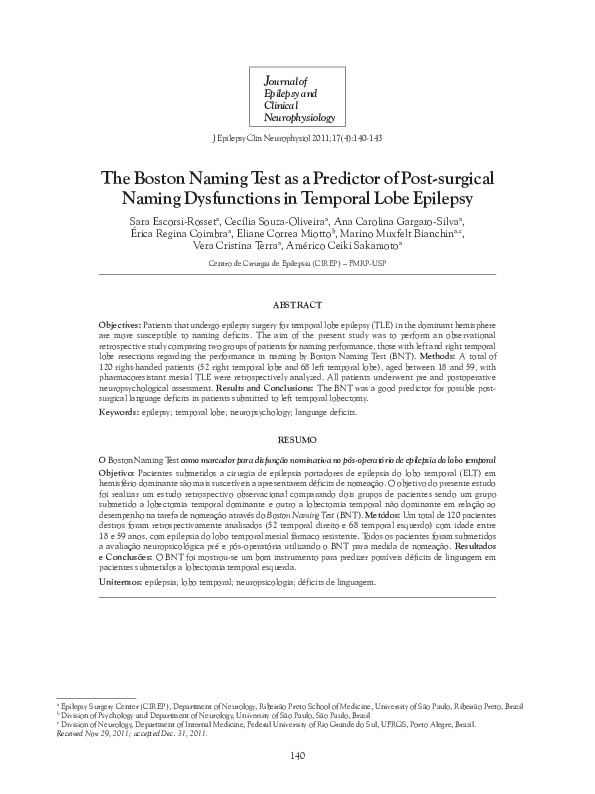 (PDF) The Boston Naming Test as a Predictor of Post-surgical Naming ...