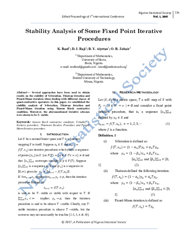 (PDF) Stability Analysis of Some Fixed Point Iterative Procedures | Yomi Aiyetan - Academia.edu