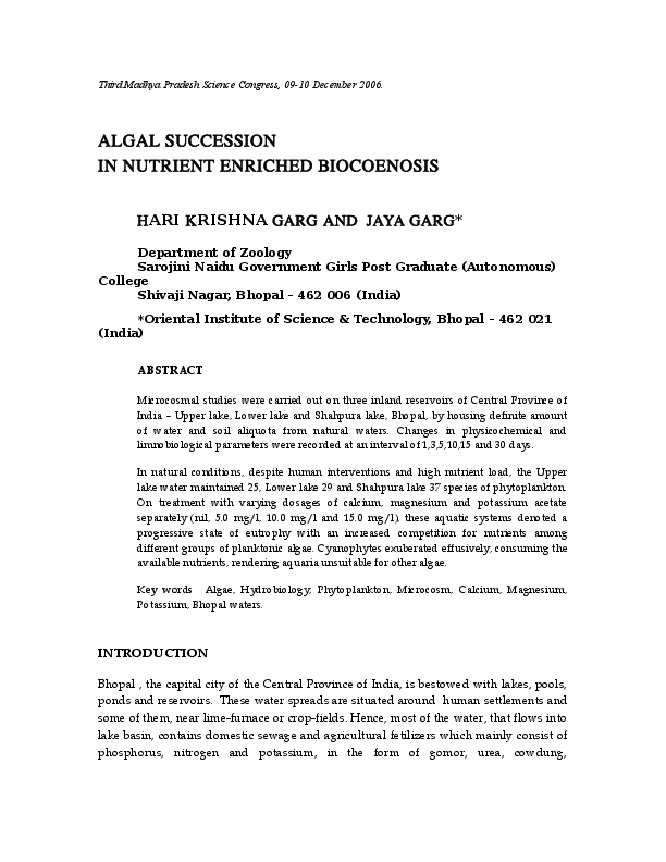 (DOC) Algal succession in nutrient enriched biocoenosis | Dr HK Garg ...