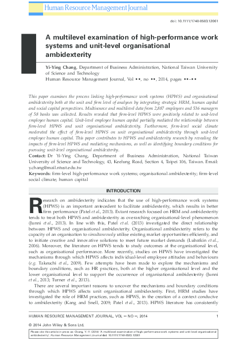 (PDF) A multilevel examination of high-performance work systems and ...